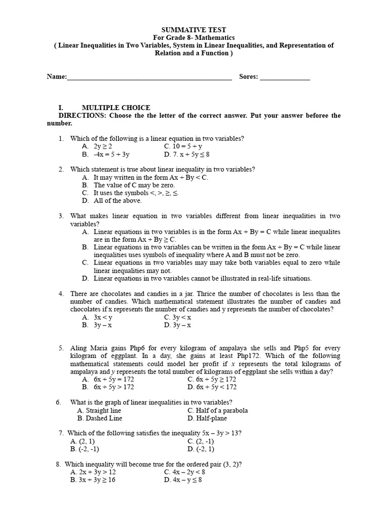 SUMMATIVE TEST Grade 8 | PDF | Variable (Mathematics) | Equations