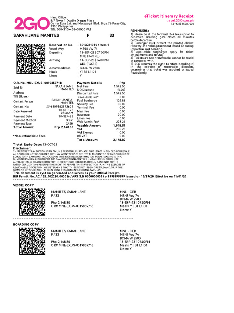 2GO Travel - Itinerary Receipt | PDF