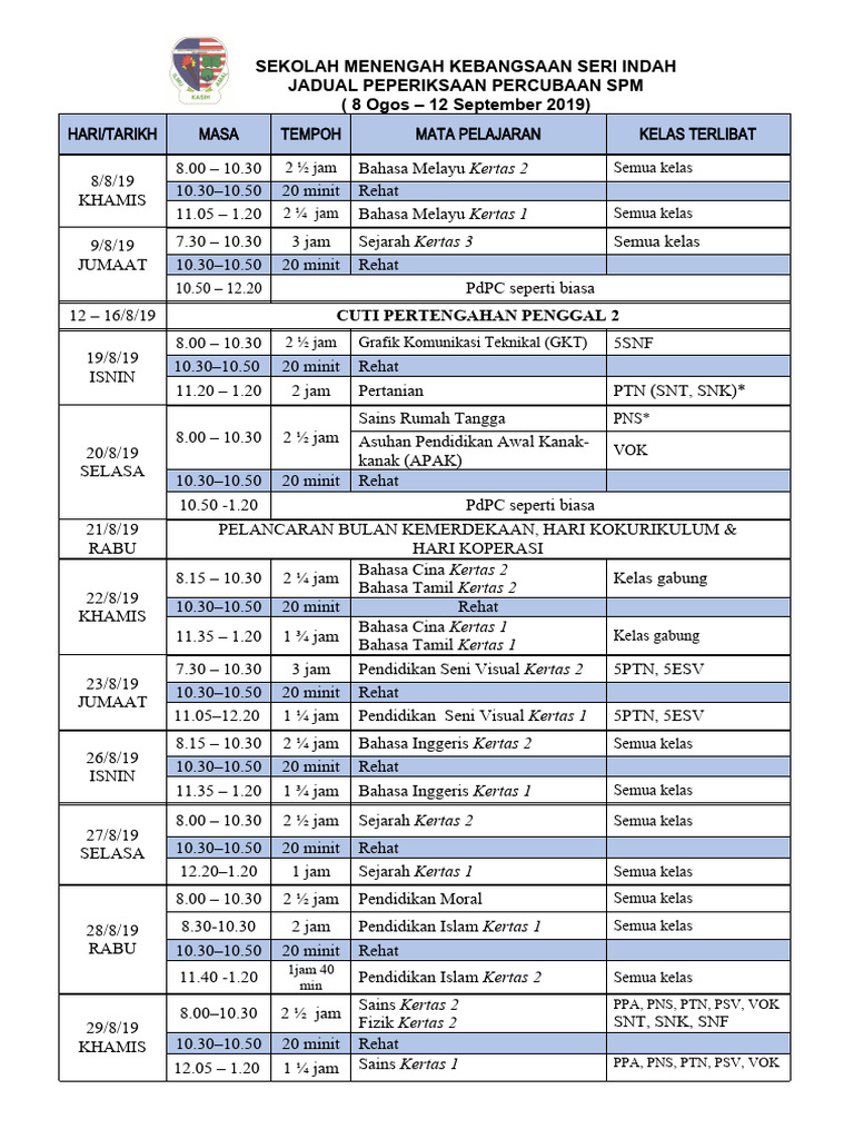 Jadual Trial SPM 2019 V2 Asal | PDF