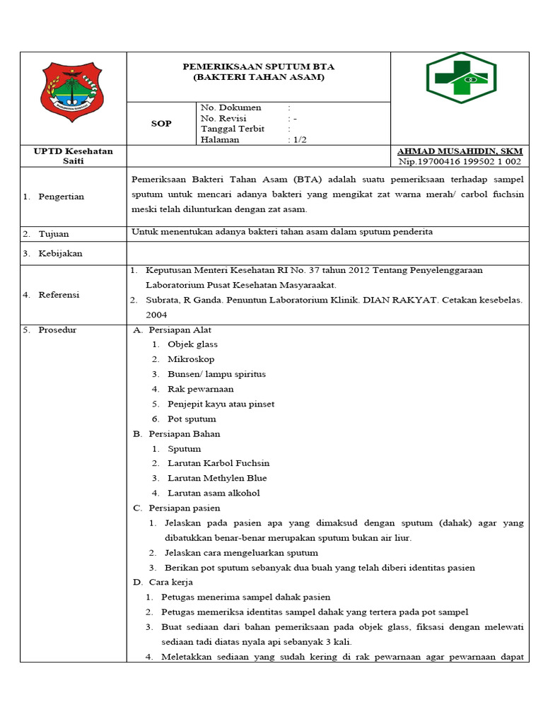Sop Pemeriksaan Sputum Bta | PDF