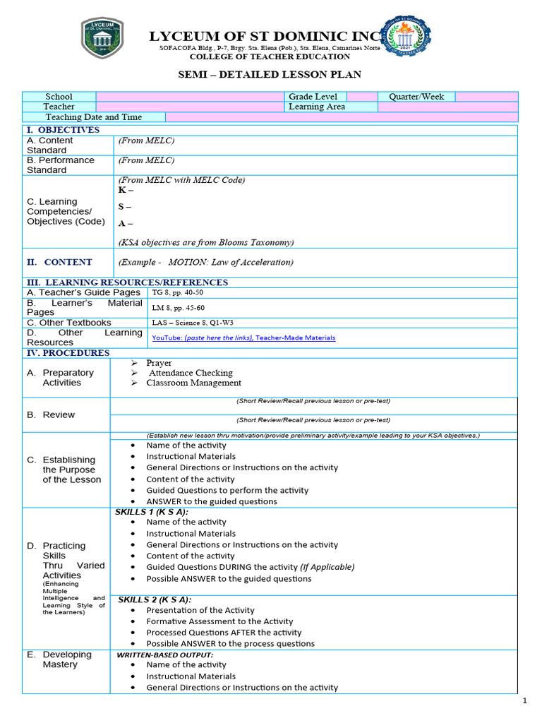 Semi Detailed Daily Lesson Plan SAMPLE | PDF