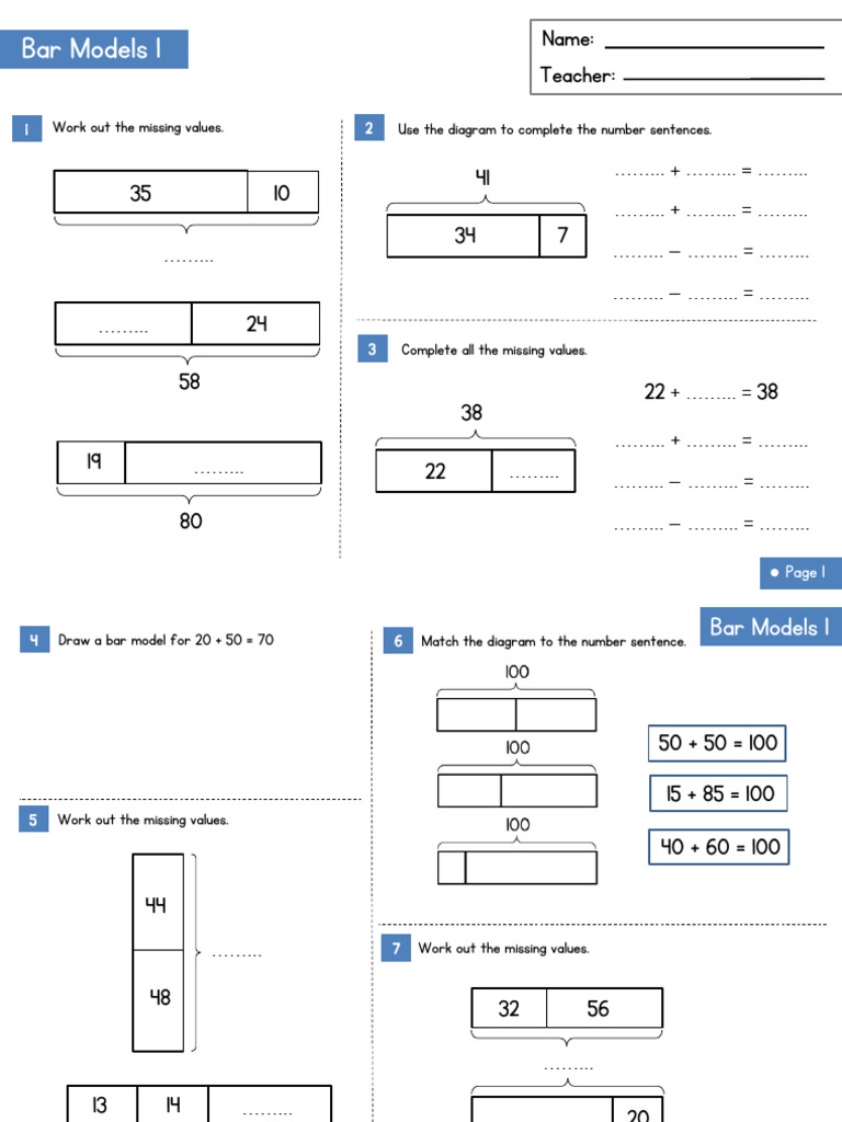 Bar Model Math Problems Worksheet | PDF