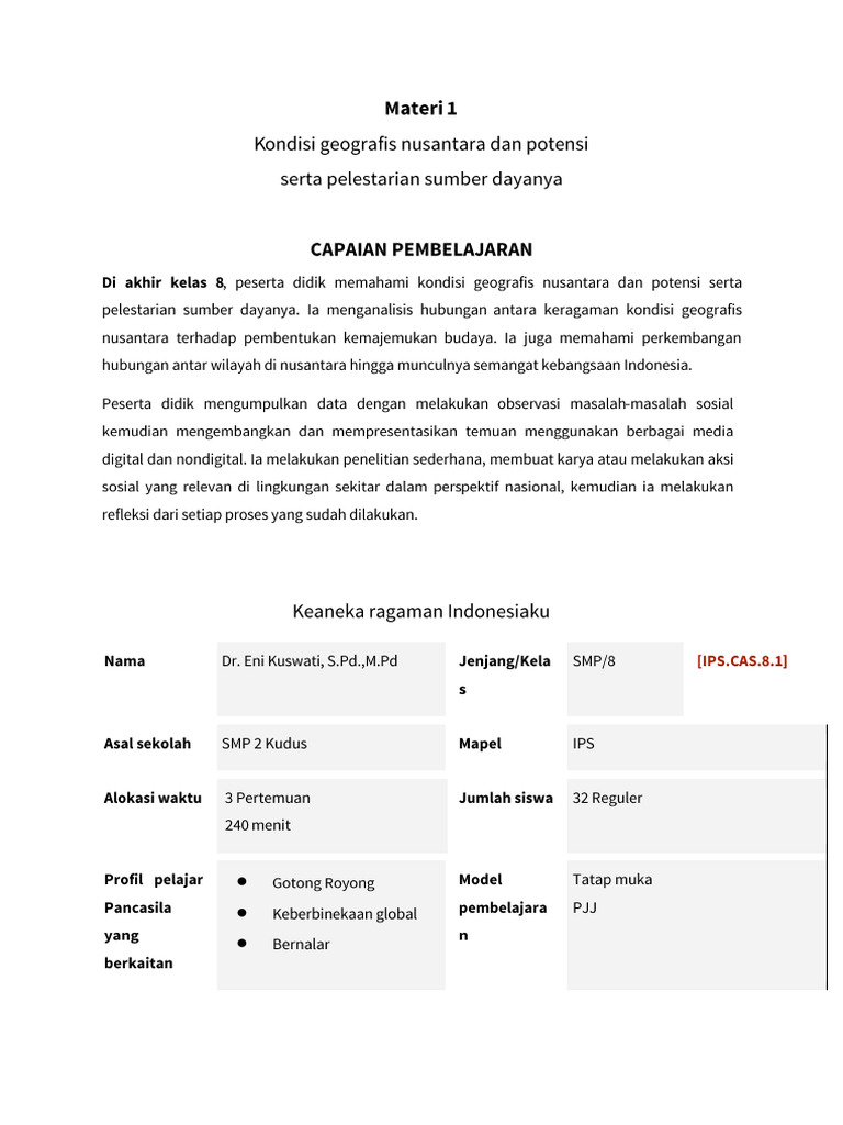 Modul Ajar Fase D - TP 1.1 Keragaman Alam Indonesia, Potensi SDA | PDF