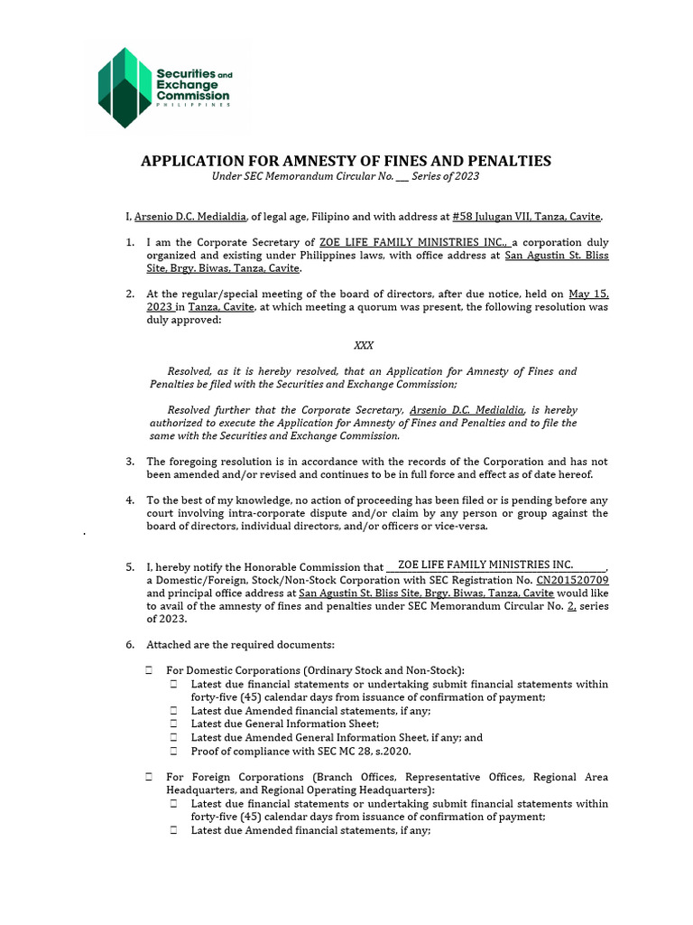ZOE - Amnesty Application | PDF | Affidavit | Governance ZOE - Amnesty Application | PDF | Affidavit | Governance