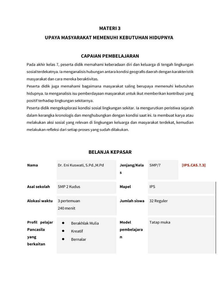 Modul Ajar Fase D - TP 3.3 Kegiatan Ekonomi, Permintaan - Penawaran Dan Pasar | PDF