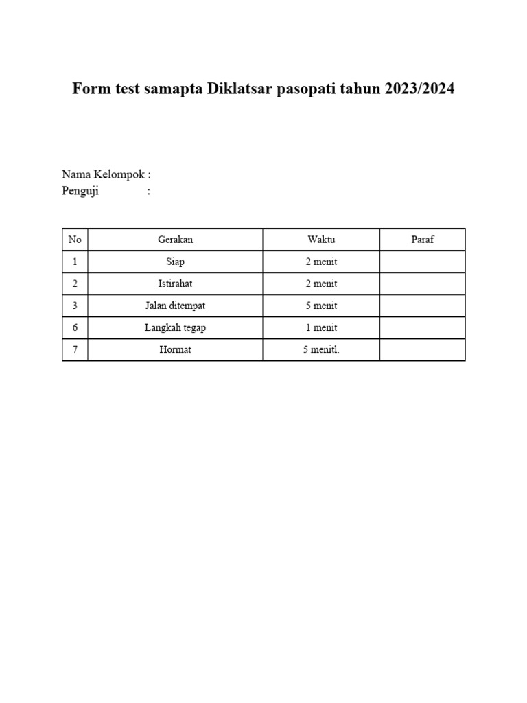 Form Test Samapta Diklatsar Pasopati 2023 | PDF | Karier & Perkembangan