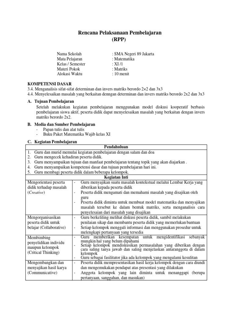 RPP Invers Matriks Matematika Wajib Sma Kelas Xi | PDF
