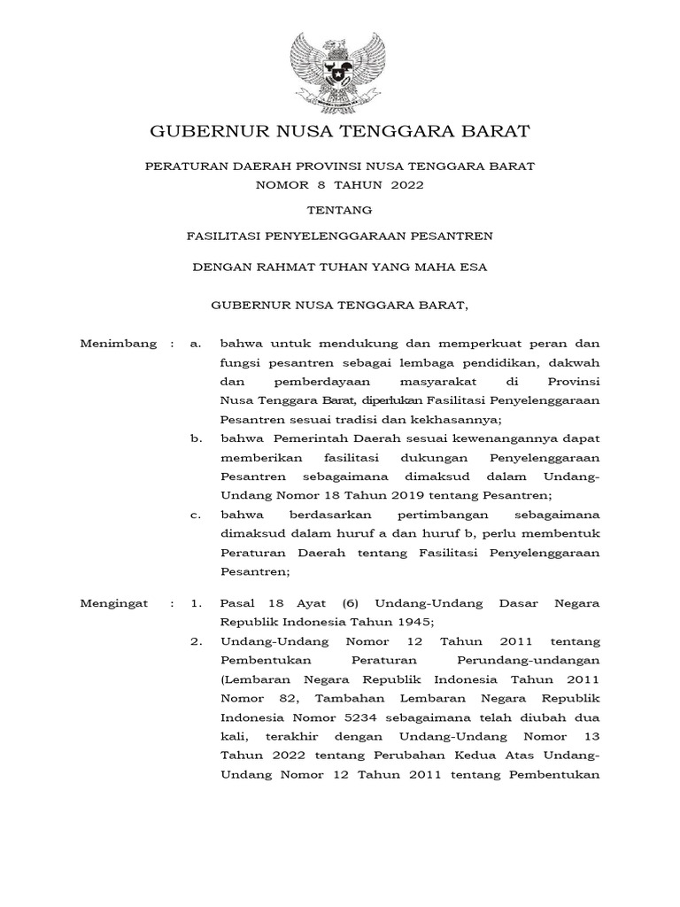 Perda No. 8 Tahun 2022 TTG Fasilitasi Penyelenggaraan Pesantren | PDF Perda No. 8 Tahun 2022 TTG Fasilitasi Penyelenggaraan Pesantren | PDF