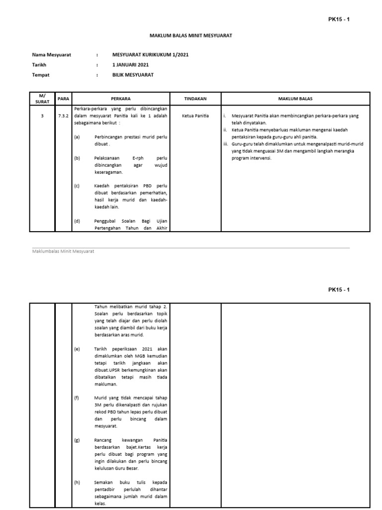 Contoh Maklum Balas Minit Mesyuarat | PDF