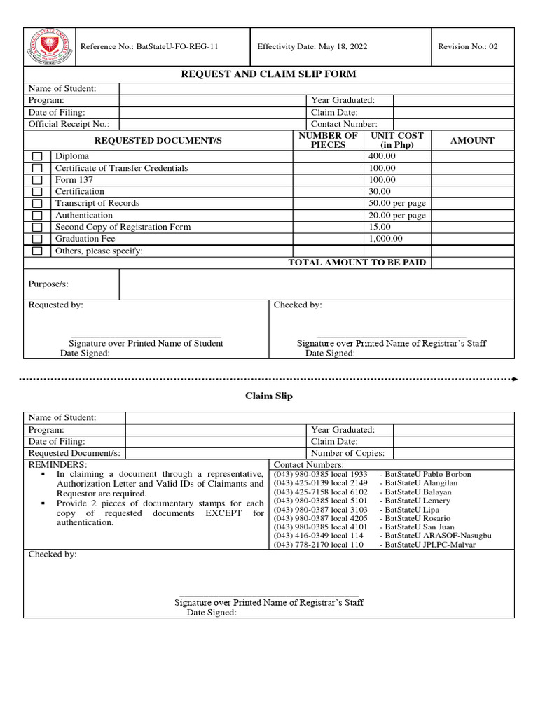 BatStateU-FO-REG-11 - Request and Claim Slip Form - Rev. 02 | PDF