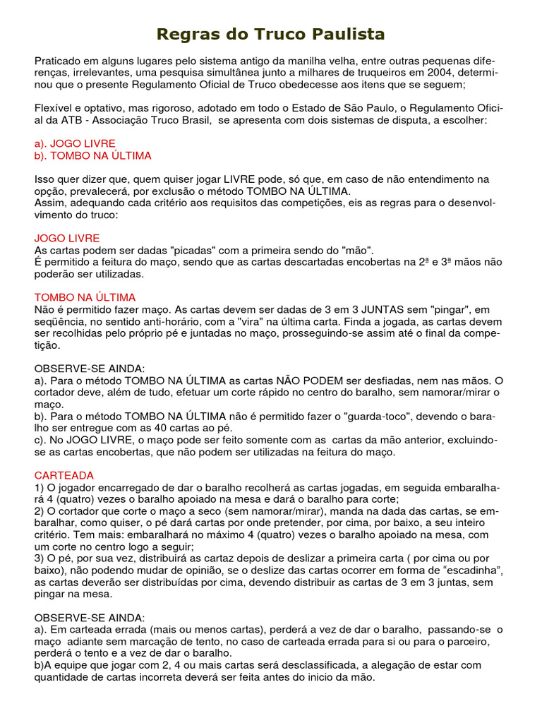 Regras Do Truco Paulista | PDF | Cartas de baralho | Consoles de jogo