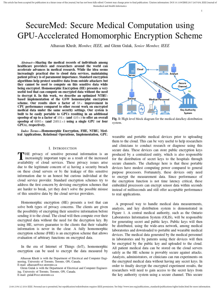 Securemed: Secure Medical Computation Using Gpu-Accelerated Homomorphic Encryption Scheme | PDF ...