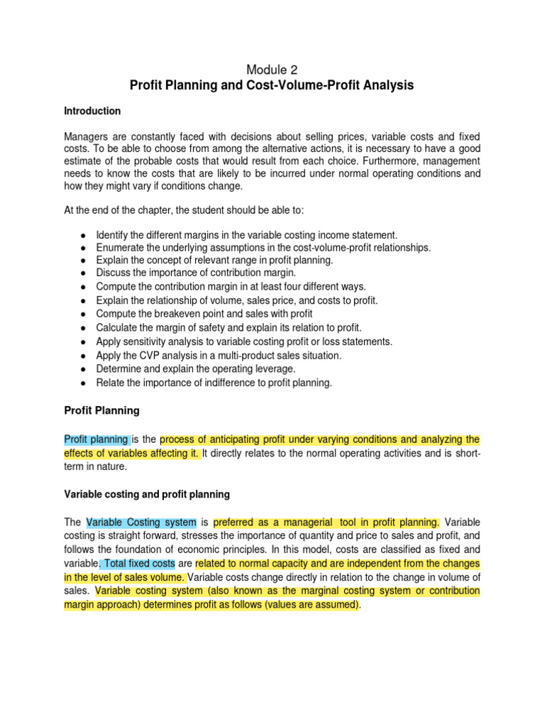 MODULE 2 - Profit Planning & Cost-Volume-Profit Analysis | PDF ...
