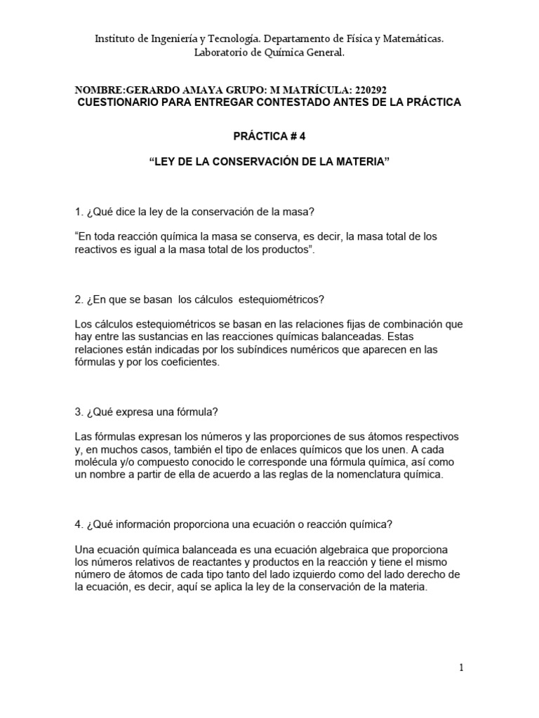 Ley Conservación Materia: Práctica 4 | PDF | Métodos y materiales de ...