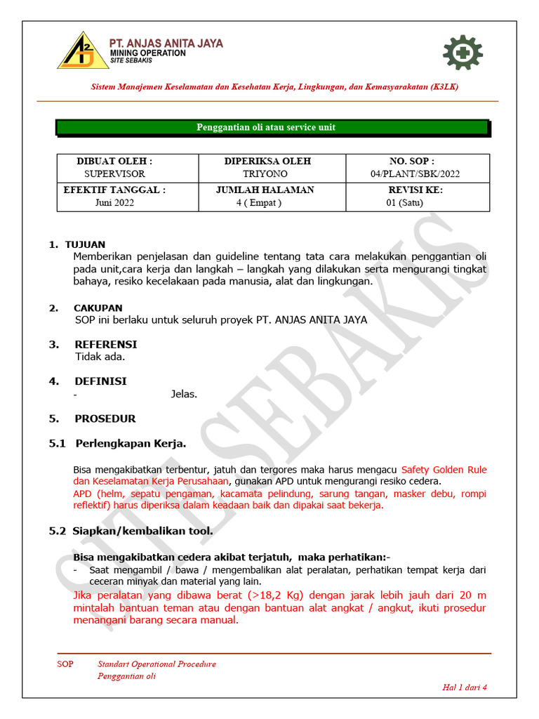 SOP - Penggantian Oli Atau Service Unit | PDF | Teknologi & Rekayasa