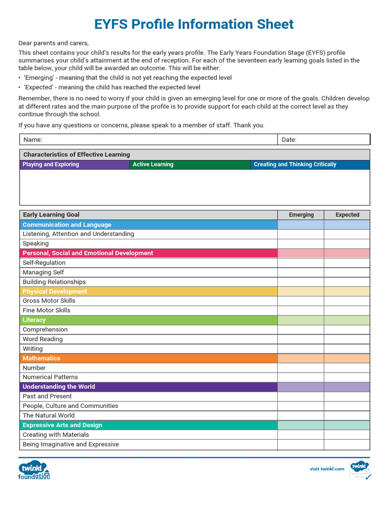 EYFS Profile Information Sheet With CoEL | PDF