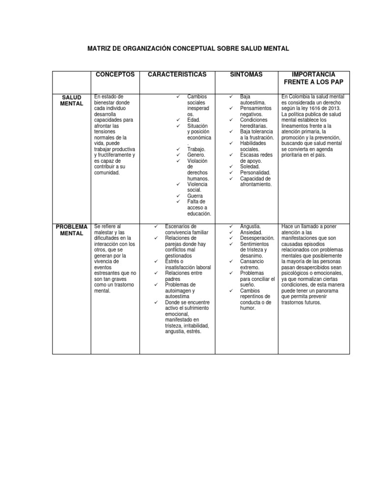 Matriz de Organización Conceptual Salud Mental Valentina Cardona | PDF