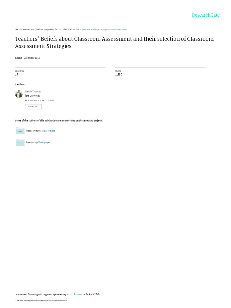 Teachers Beliefs About Classroom Assessments | PDF