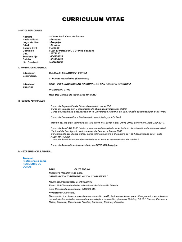 CV de Milton Yauri Velásquez | PDF | Ciencia y matemáticas