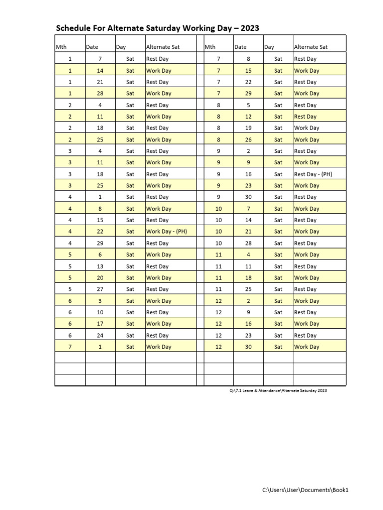Shcedule For Alternate Saturday Working Day - 2023 | PDF