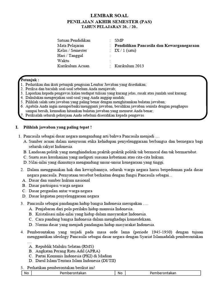 Soal PAS PKN Kelas 9 K13 | PDF