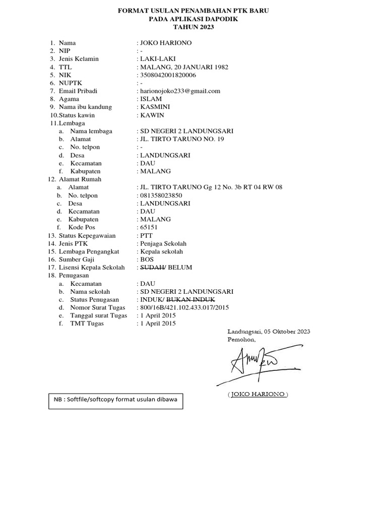 Format Usulan Penambahan PTK Baru (PTT) | PDF