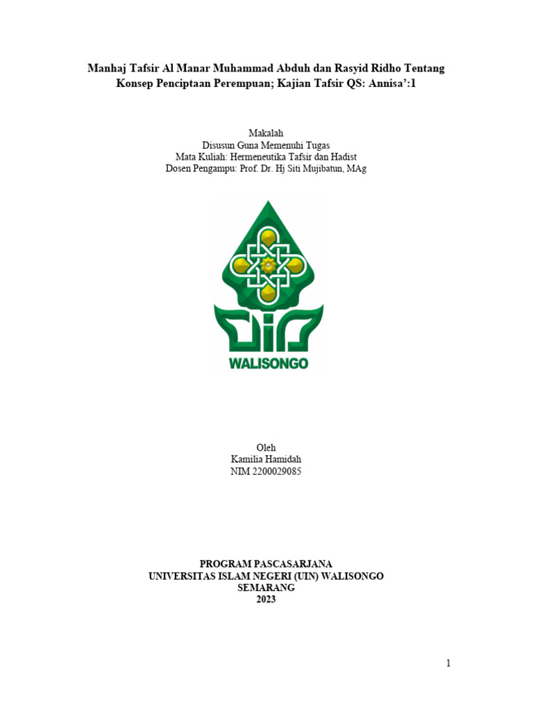 Manhaj Tafsir Al - Manar Tentang Penciptaan Perempuan | PDF Manhaj Tafsir Al - Manar Tentang Penciptaan Perempuan | PDF