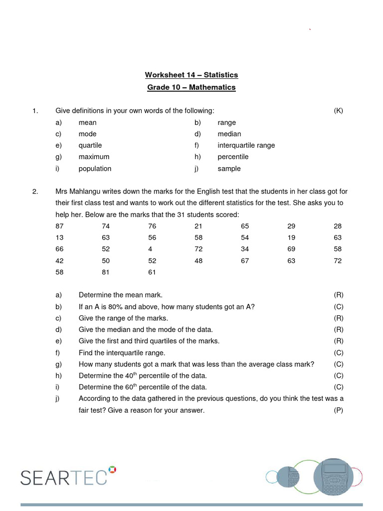 Worksheet 14 Statistics Grade 10 Mathematics | PDF