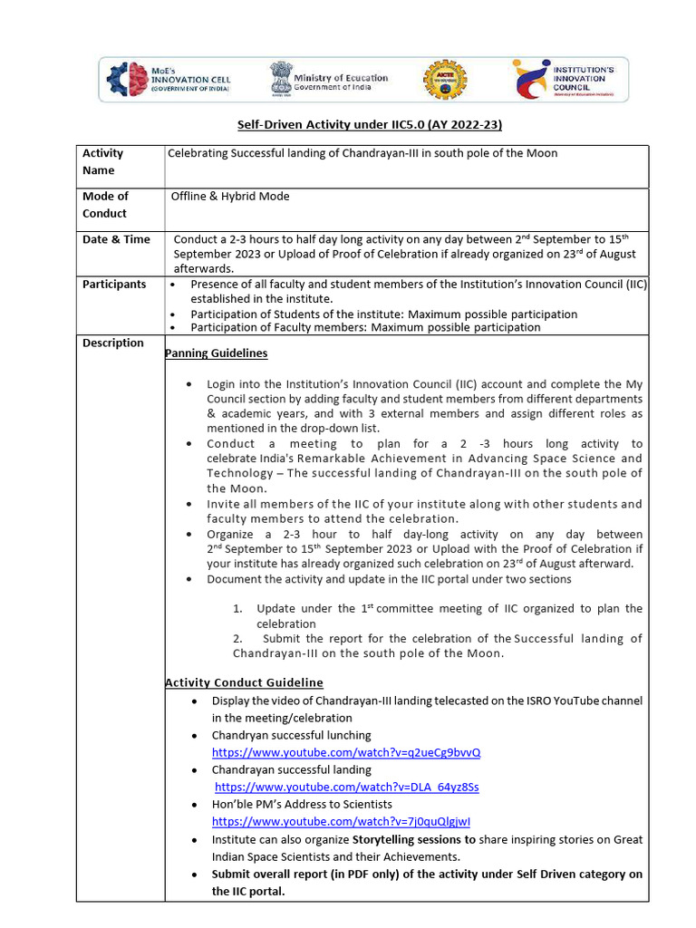 Self Driven Activity For IIC - Chandrayan III & Activating IIC | PDF ...