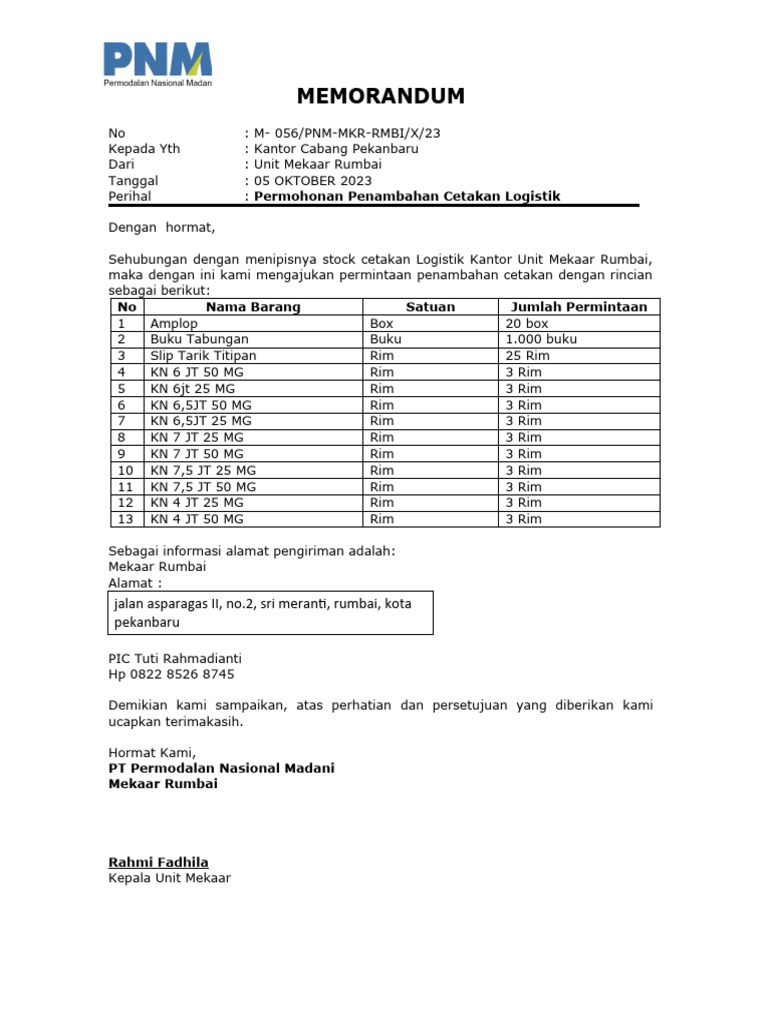 Contoh Memo Mekaar Pengajuan Logistik | PDF