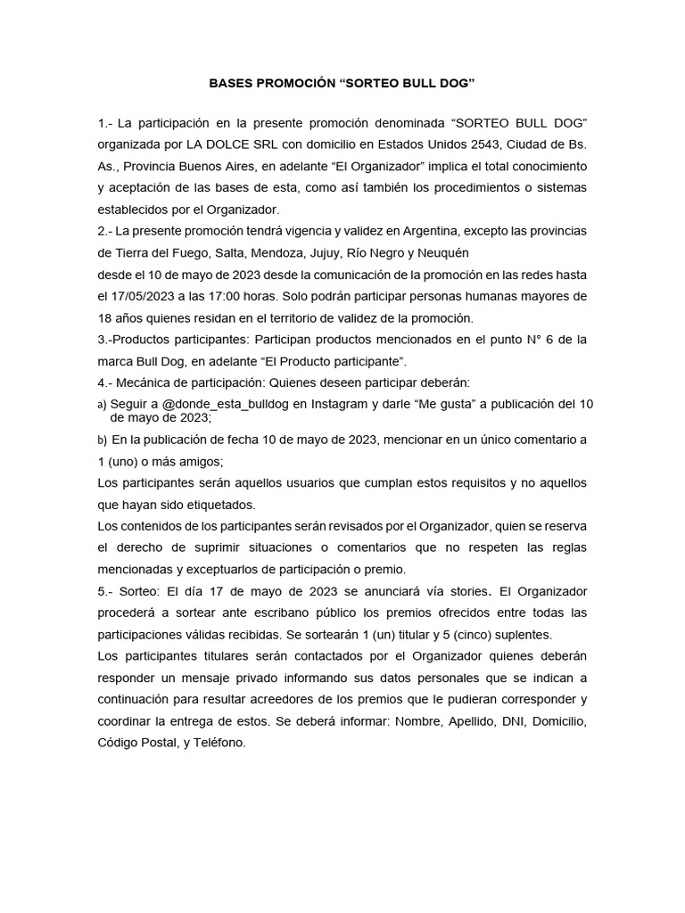 Bases y Condiciones Sorteo BullDog | PDF