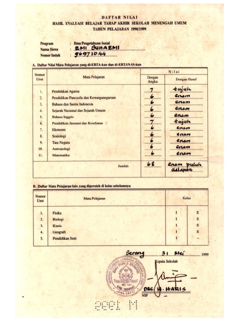 Transkrip Nilai Sma | PDF