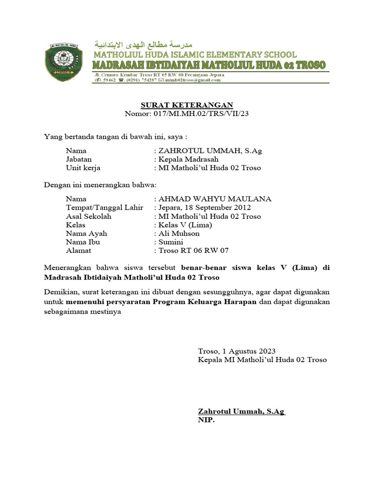 Surat Keterangan PKH | PDF