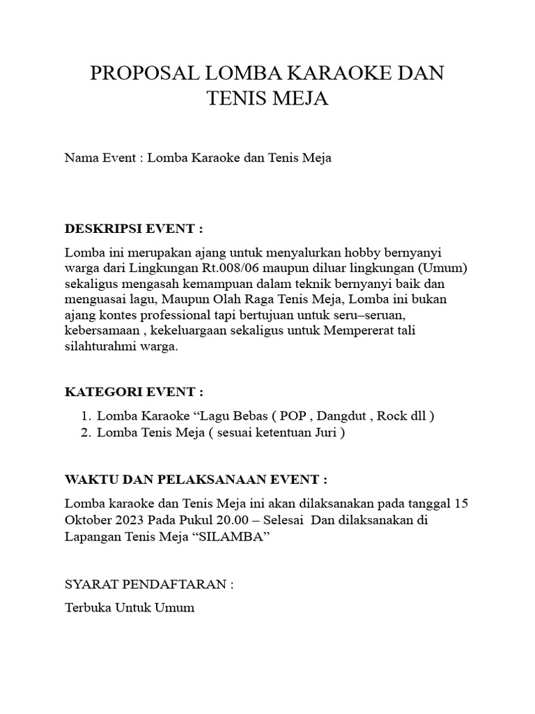 Proposal Lomba Karaoke dan Tenis Meja | PDF | Seni
