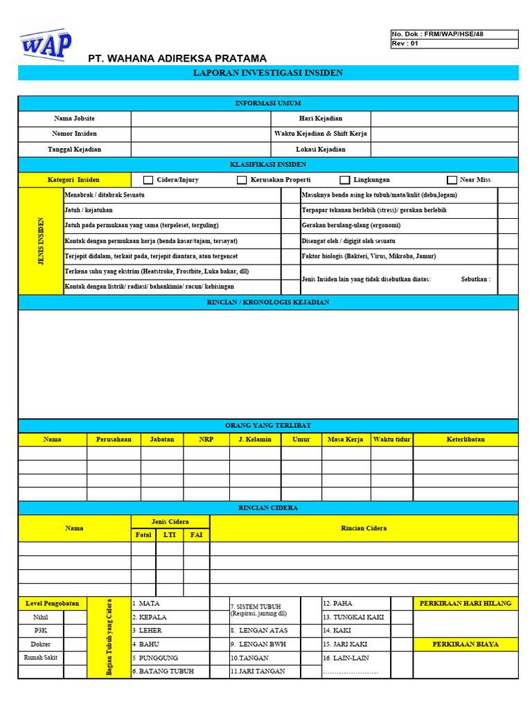 (FRM - WAP - HSE - 48) Laporan Investigasi Insiden Kecelakaan R1 | PDF