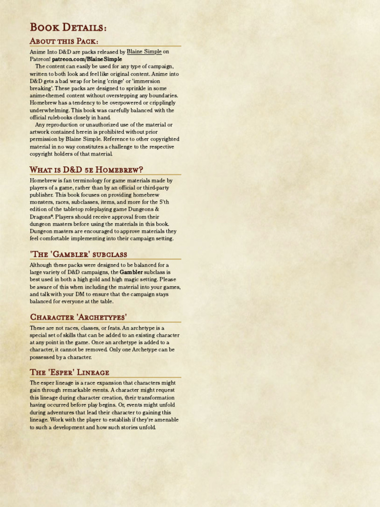 5E - Anime Into D&D - Mega Collection 1 (Race - Lineages-Archetypes) | PDF