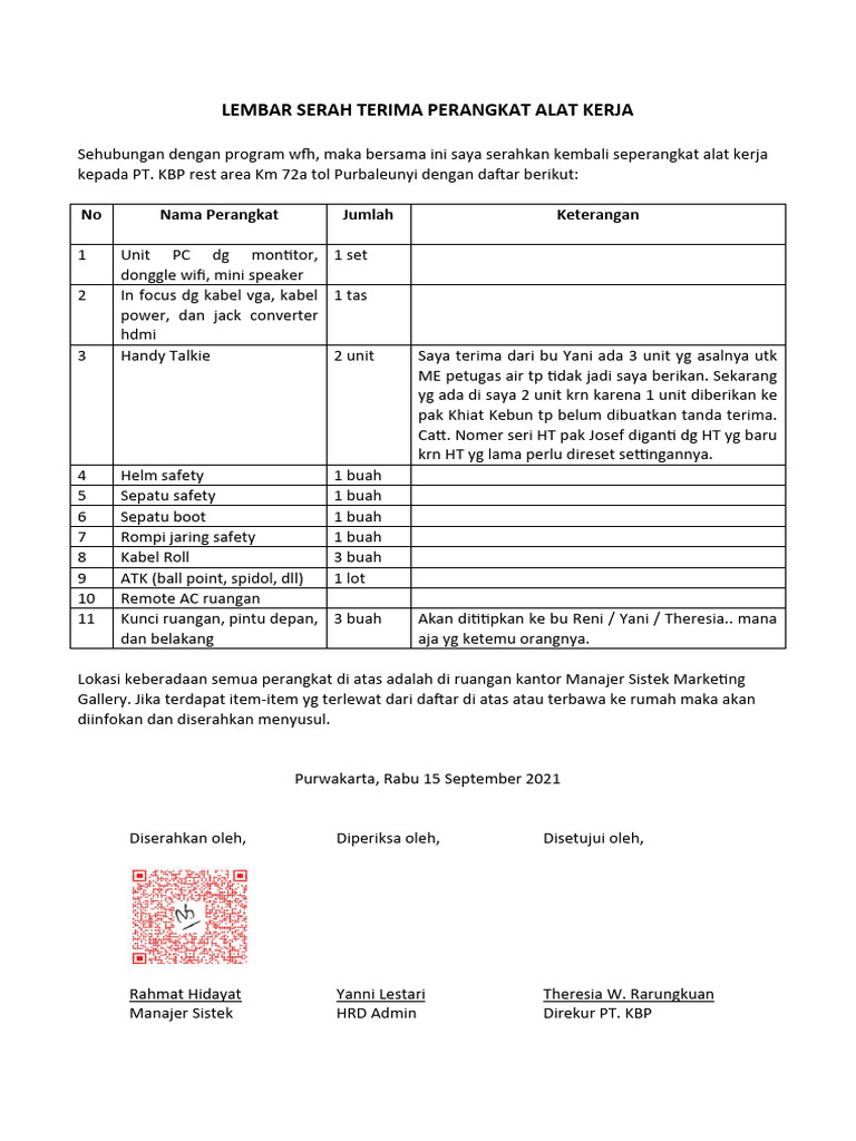 Lembar Serah Terima Perangkat Alat Kerja | PDF