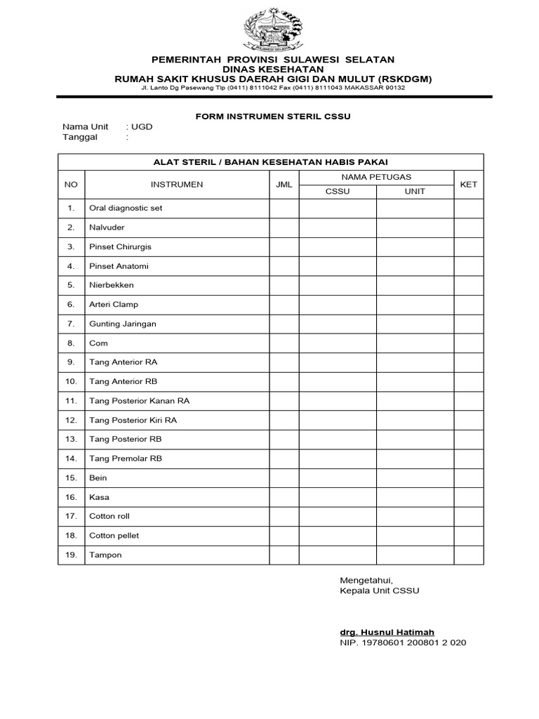 Form Instrumen Steril Cssu UGD | PDF