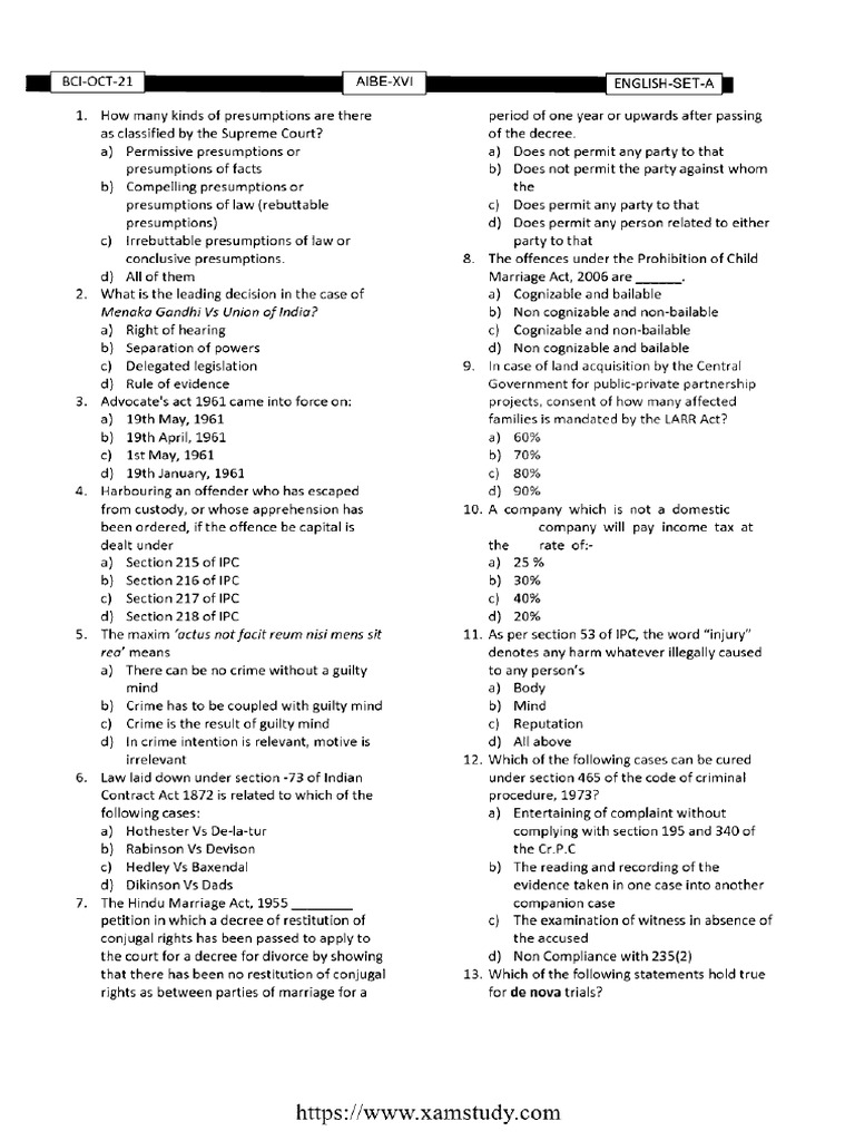 Aibe Question Paper 16 English Set A | PDF