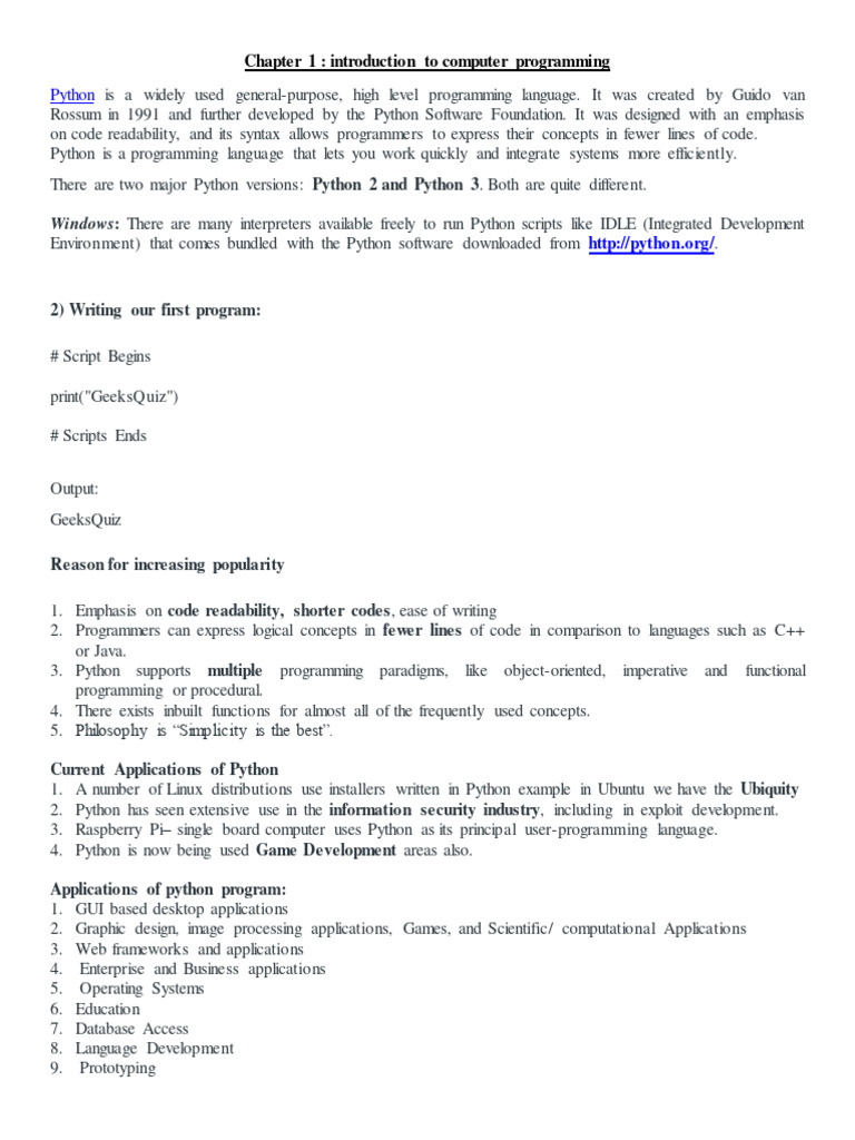 Python Class 8 INTRODUCTION TO PYTHON | PDF