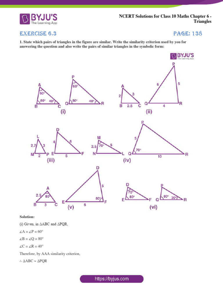 NCERT Solutions For Class 10 Maths Chapter 6 Triangles Exercise 6.3 ...