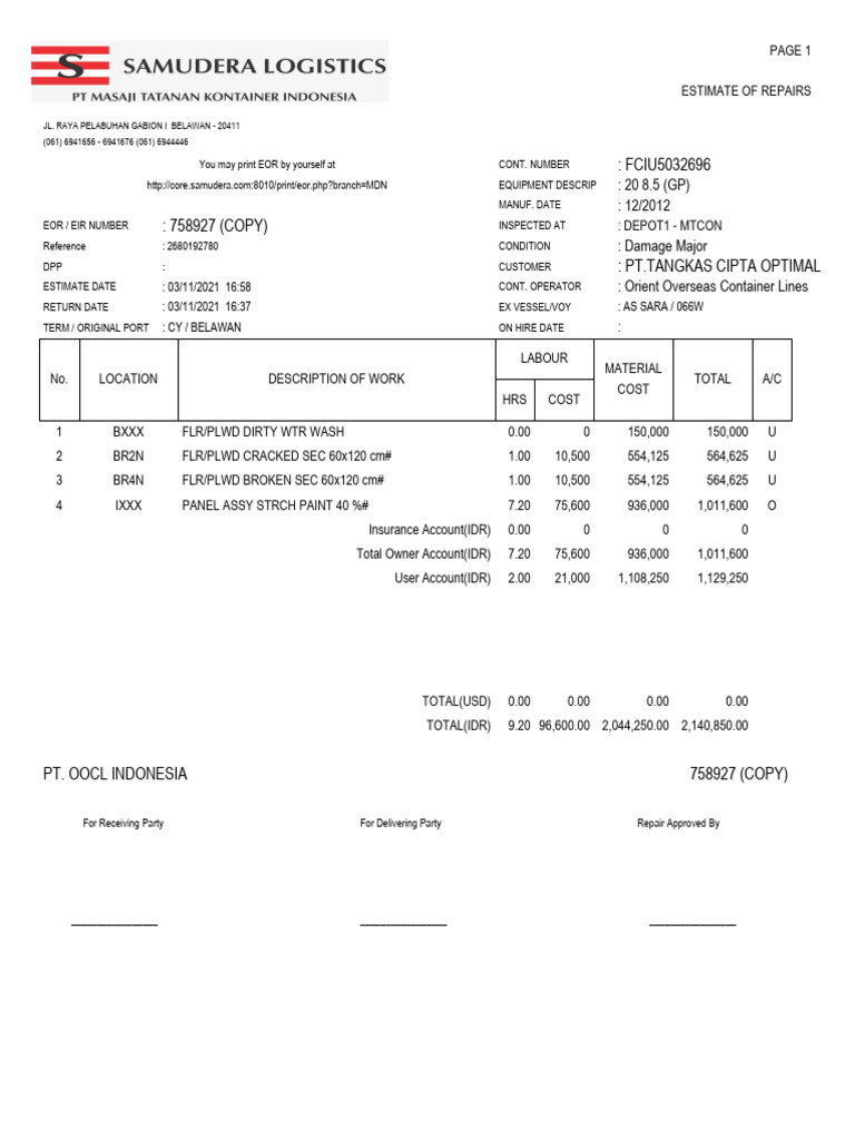 INV REPAIR CONTAINER FCIU5032696 | PDF | Shipping