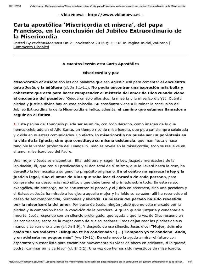 Vida Nueva - Carta Apostólica Misericordia Et Misera', Del Papa ...