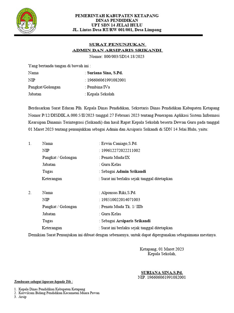 Contoh Surat Penunjukan Admin Dan Arsiparis Srikandi | PDF