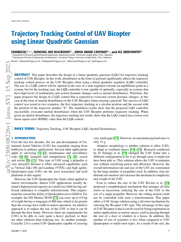 Trajectory Tracking Control of UAV Bicopter Using Linear Quadratic Gaussian | PDF
