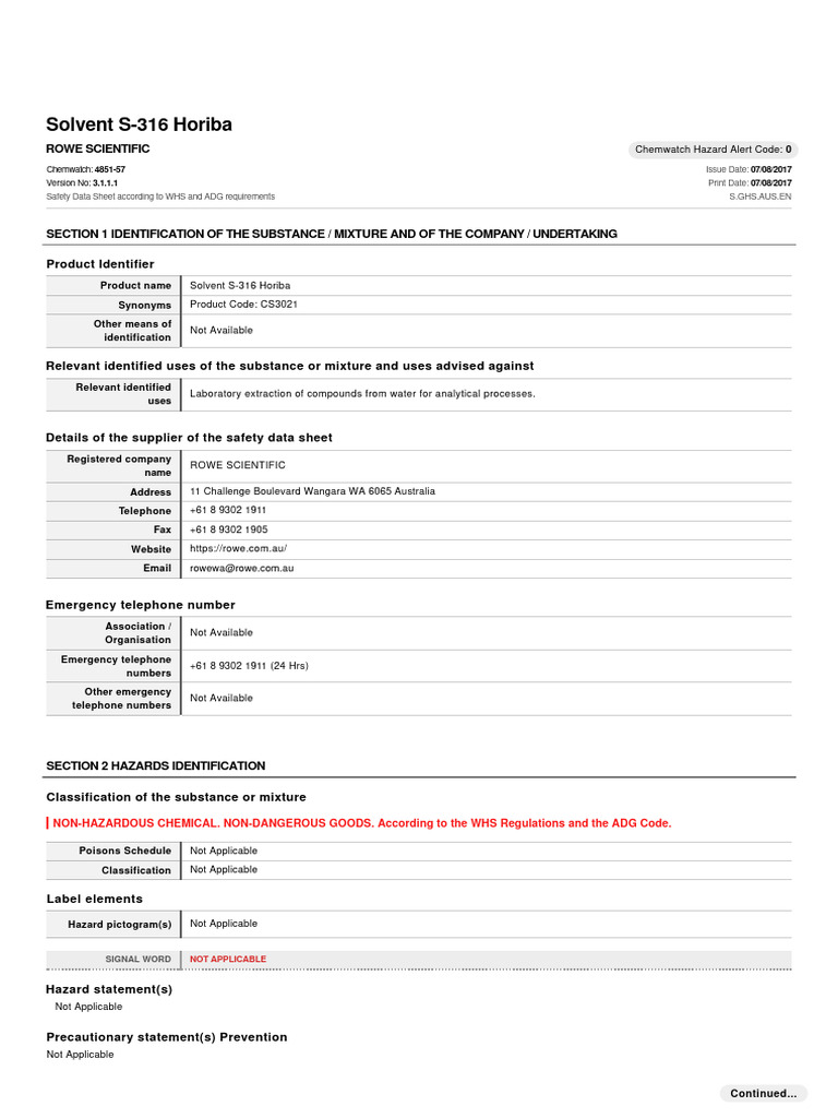 CS3021 Solvent S-316 Horiba Rowe GHS 08.08.17 | PDF | Toxicity ...