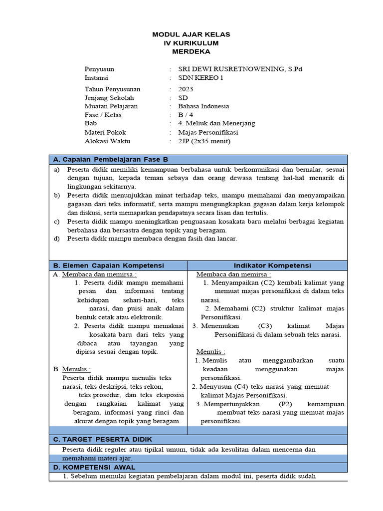 Modul Ajar B. INDONESIA Kelas 4 | PDF