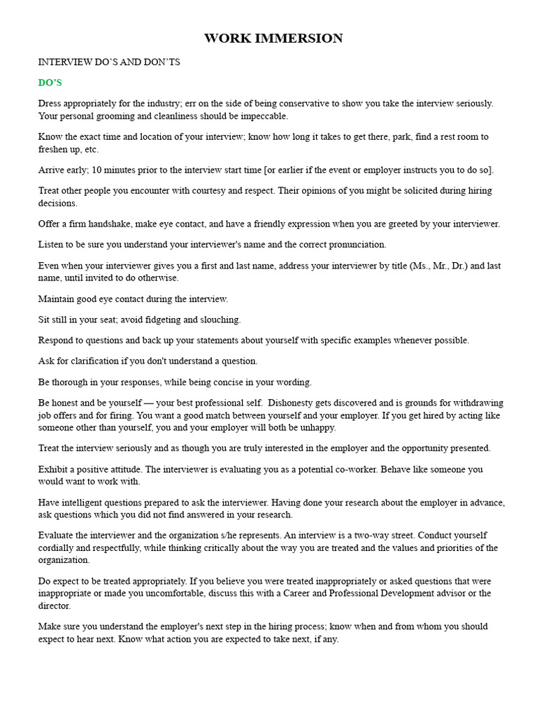 Work Immersion Interview Tips Guide | PDF | Employment