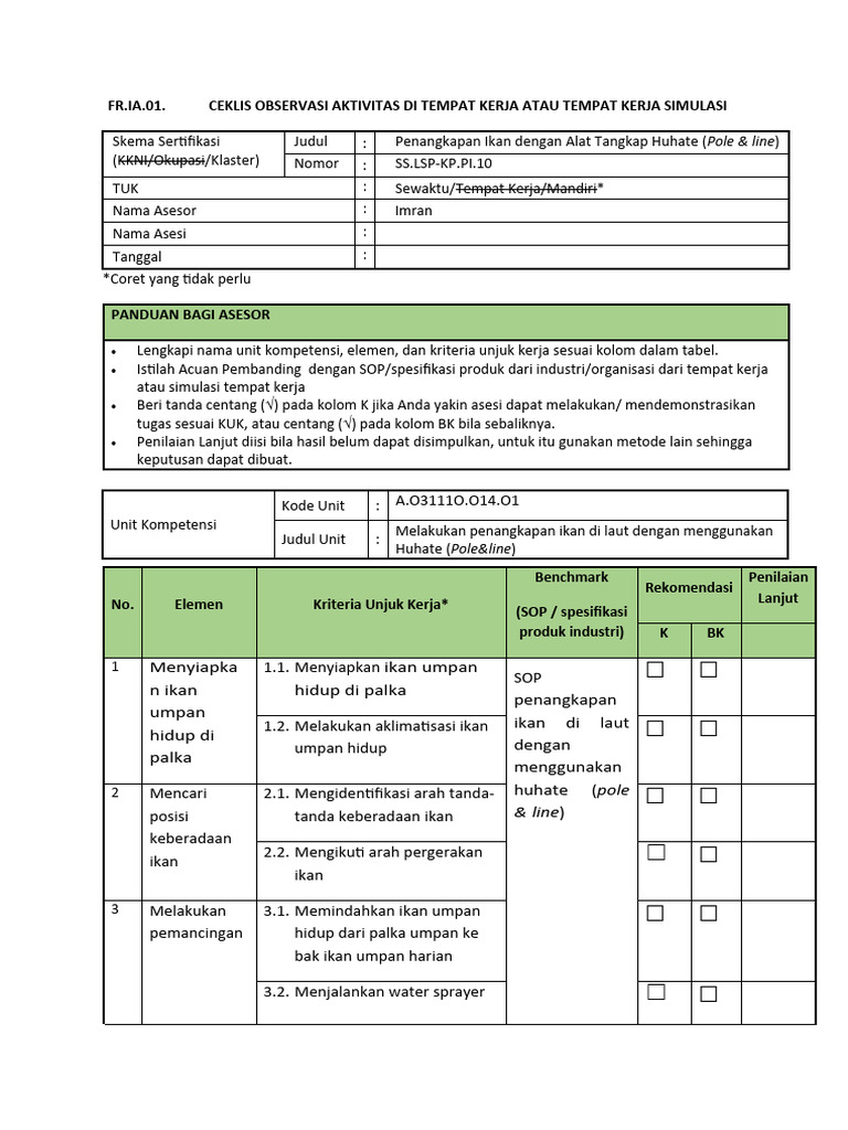 Ceklis Observasi Penangkapan Ikan Huhate | PDF