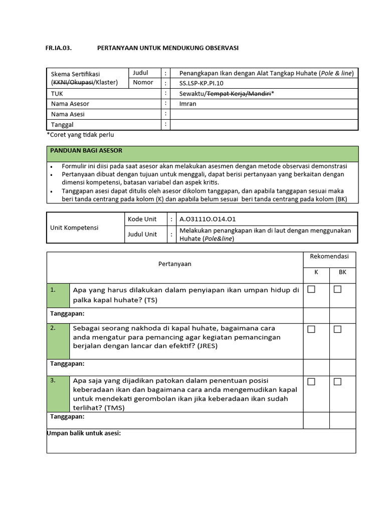Fr. Ia.03. Pertanyaan Untuk Mendukung Observasi | PDF